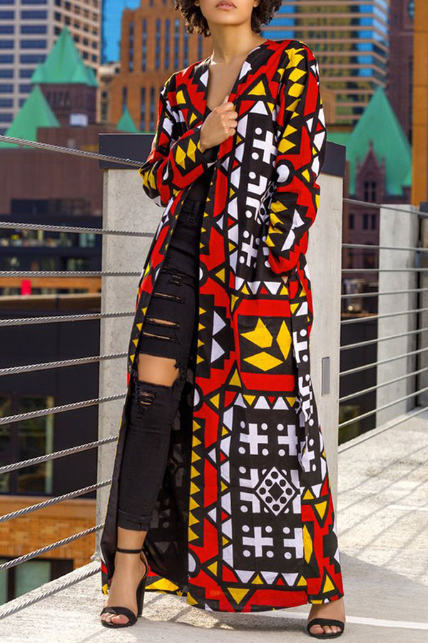 Lovely Casual Geometric Printed X-long Multicolor Coat Sale ...