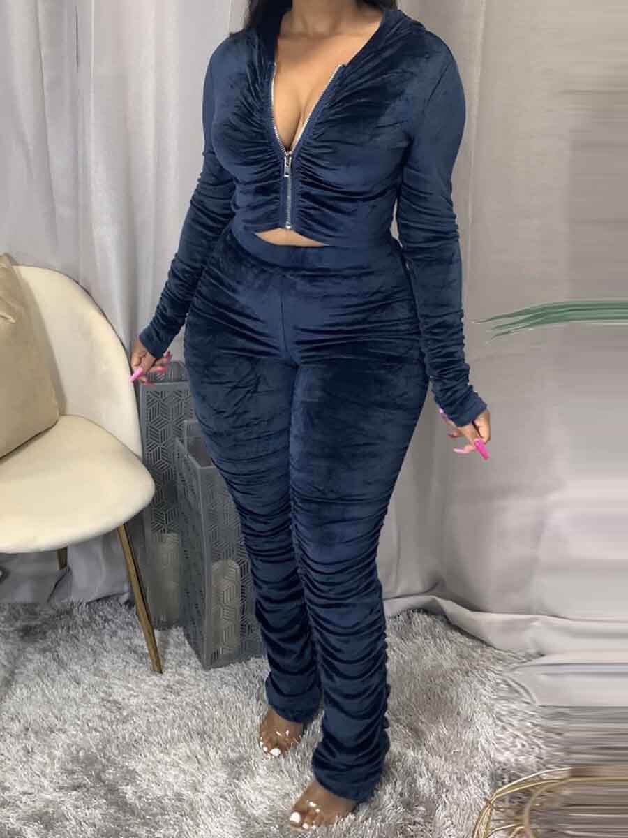 LW Plus Size Velvet Hooded Collar Ruched Pants Set Sale | LovelyWholesale