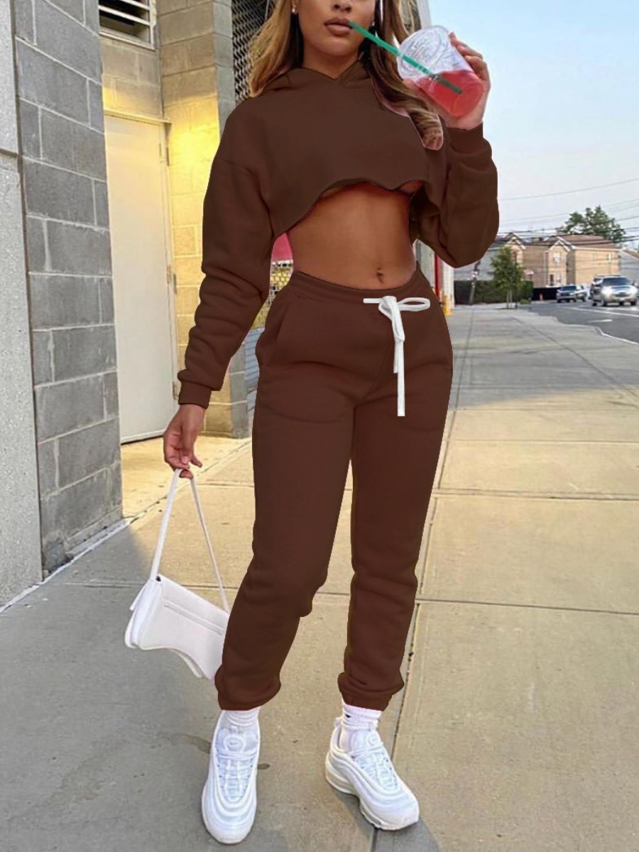 LW Cotton Drawstring Solid Crop Tracksuit Set Sale | LovelyWholesale