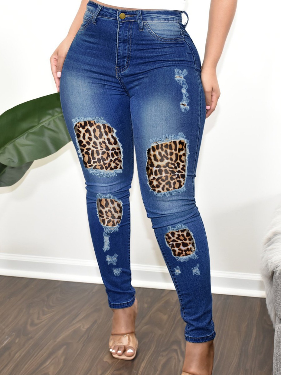 LW High Stretchy Leopard Print Ripped Jeans Sale | LovelyWholesale