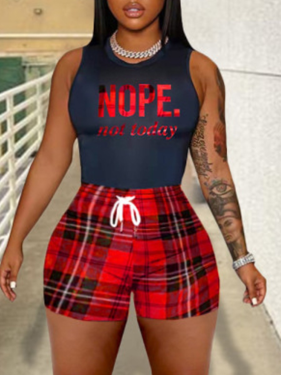 LW Plus Size Plaid Letter Print Drawstring Shorts Set Sale ...