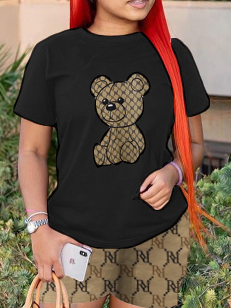 LW Plus Size Round Neck Cartoon Print Shorts Set Sale | LovelyWholesale