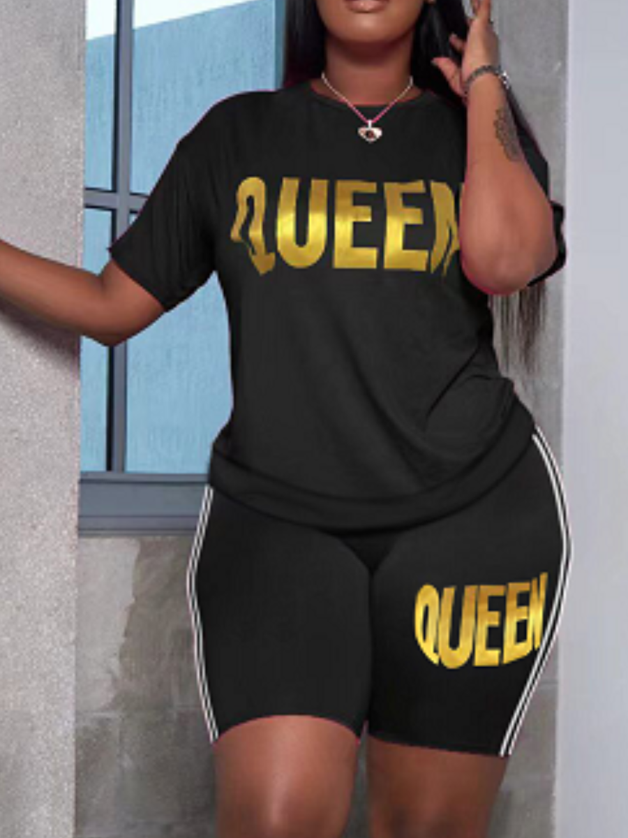 LW Queen Letter Print Striped Shorts Set Sale | LovelyWholesale
