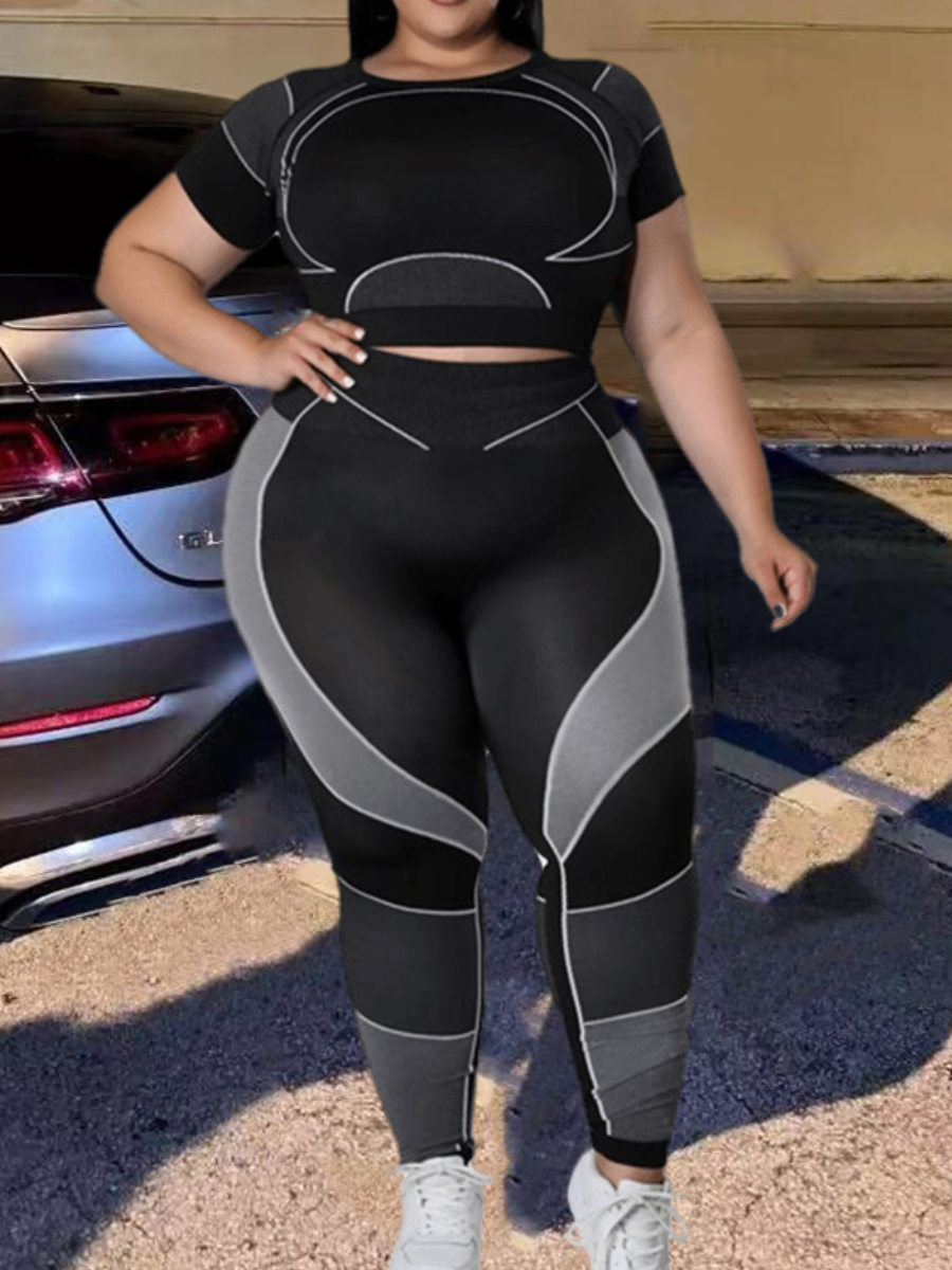 LW Plus Size Striped Patchwork Yoga Pants Set Sale | LovelyWholesale