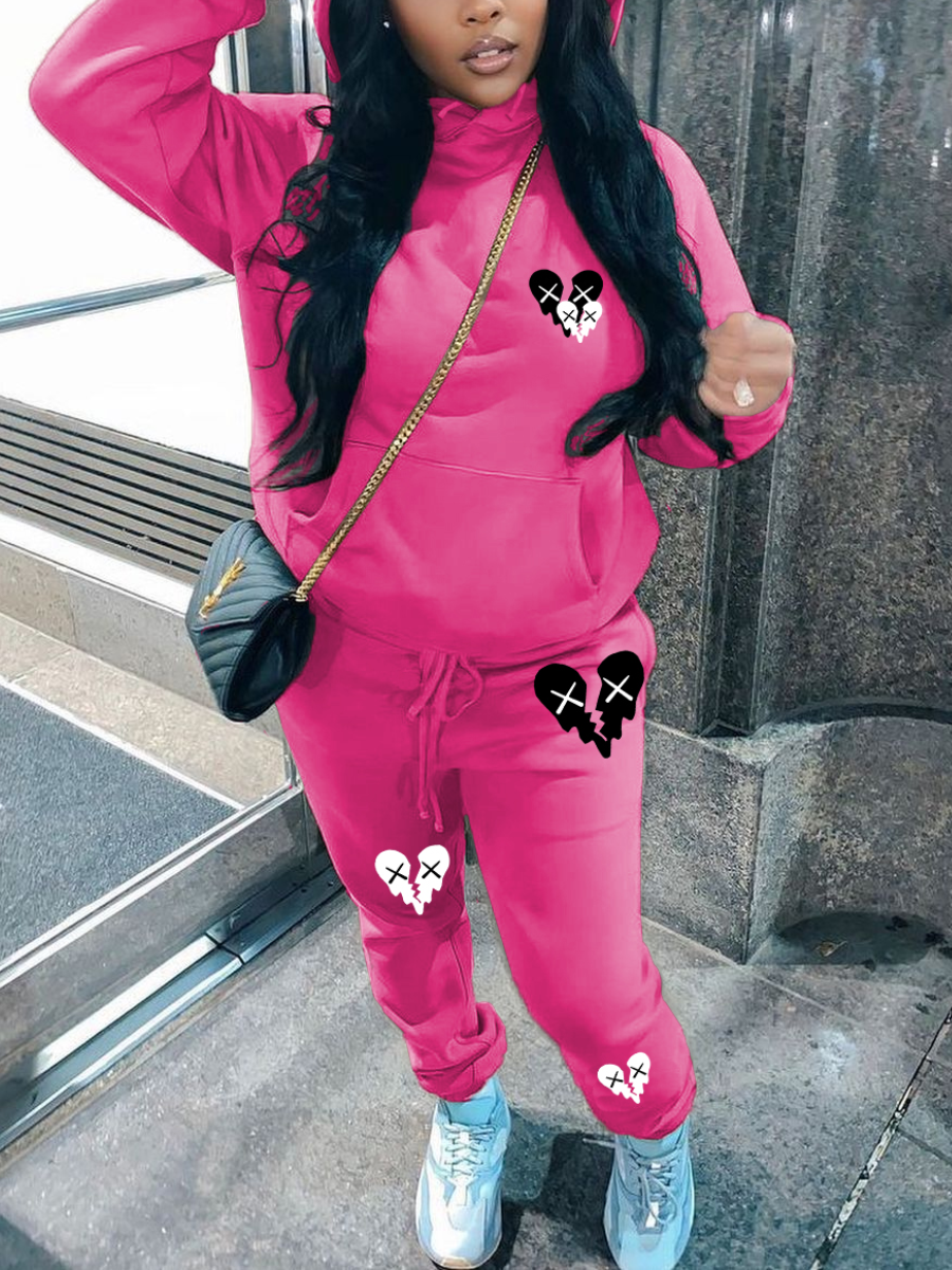 LW Broken Heart Print Kangaroo Pocket Tracksuit Set Sale | LovelyWholesale
