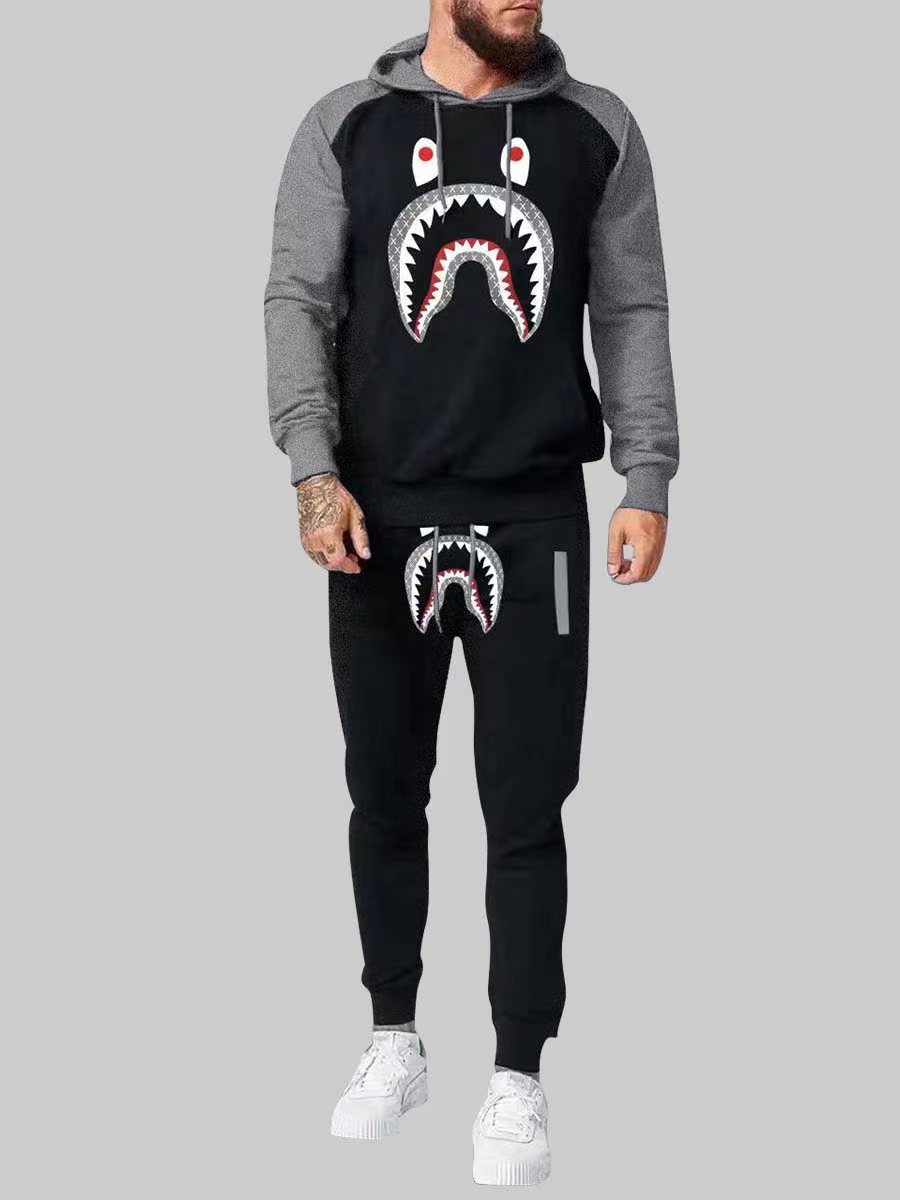 LW Men Fish Mouth Print Kangaroo Pocket Tracksuit Set Sale ...