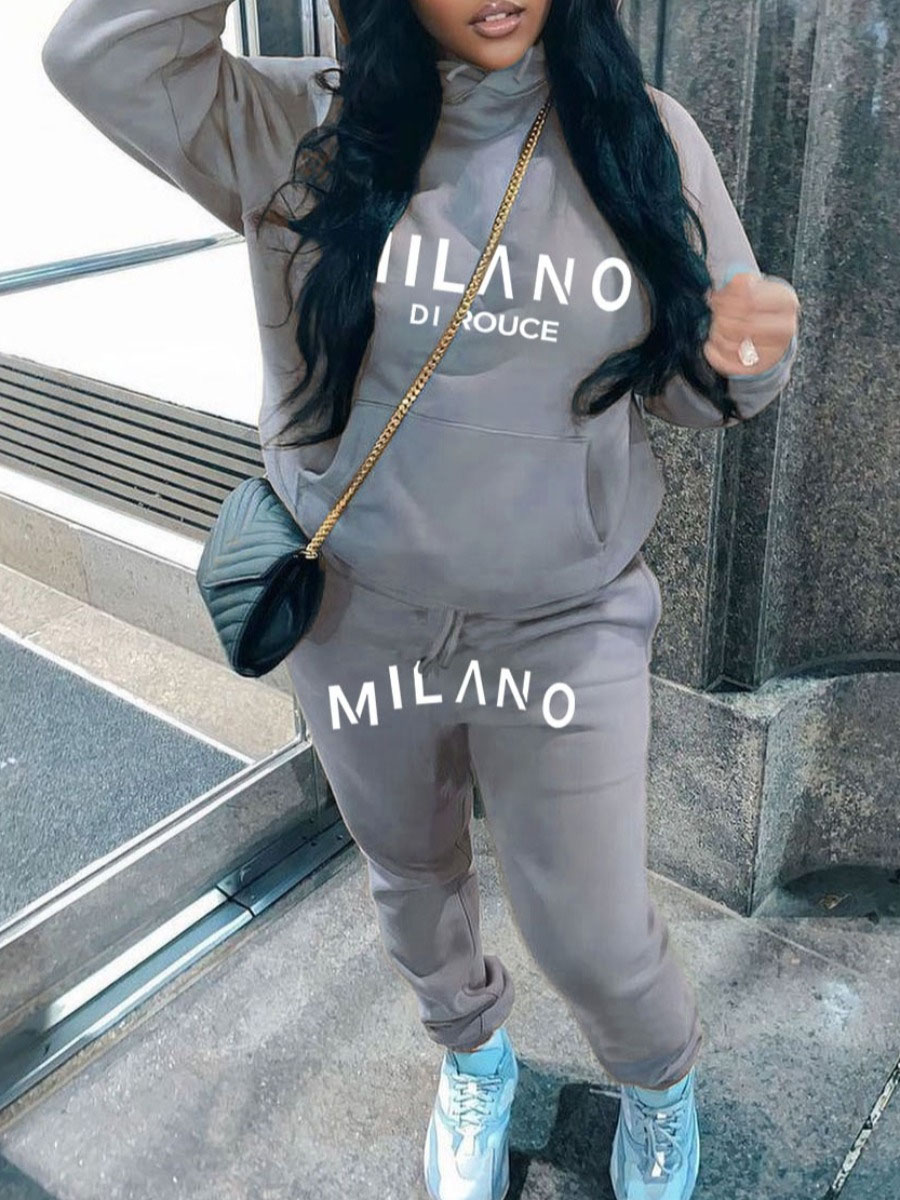 LW Plus Size Letter Print Kangaroo Pocket Tracksuit Set Sale ...