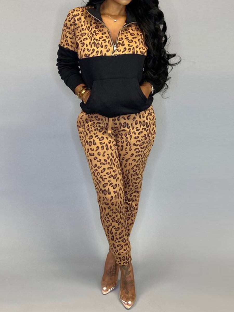 LW Plus Size Leopard Print Kangaroo Pocket Pants Set Sale | LovelyWholesale